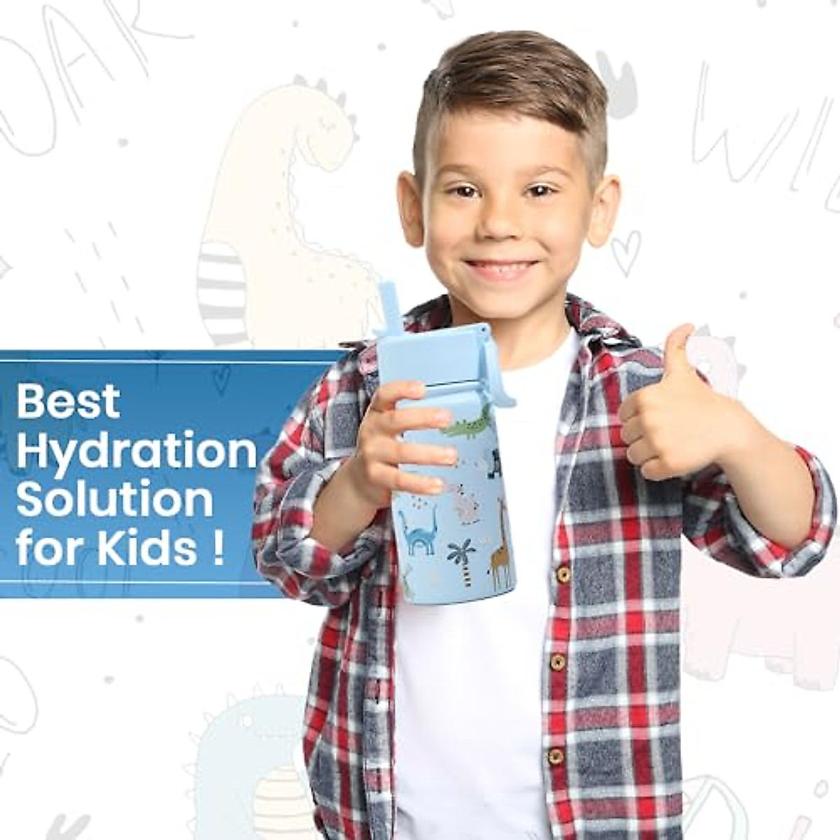 Lexlion Water Bottle 14 Oz, Triple Walled Insulated Stainless Steel Odor & Strain Resistant Reusable Bottle, 1 straw Lid, Leakproof, Metal Mug Gallon, BPA Free, Blue Zoo