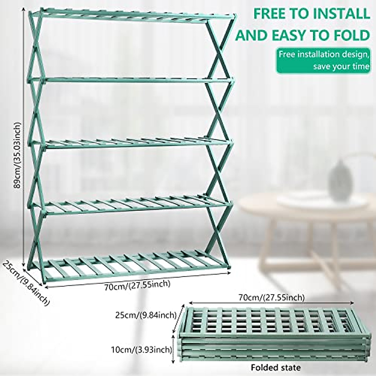 SAISN 5 Tier Wooden Shoe Rack Bamboo Shoes Storage Shelf Stackable Shoe Organizer Racks Multifunctional Free Standing Shoe Shelf Free Installation Foldable Shoe Stand for Entryway Hallway (Green)