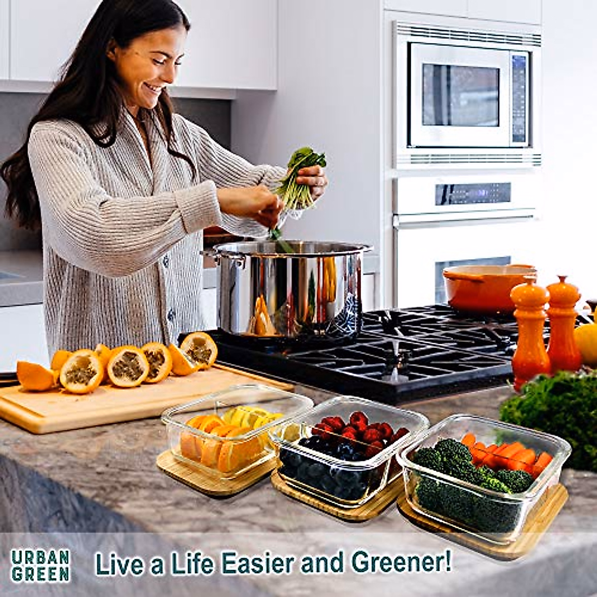 Urban Green Glass Container with Wood Lid, Glass food storage Container with Lids, Glass Meal Prep Containers Set, Glass Containers set (Natural-Bamboo- 3p)