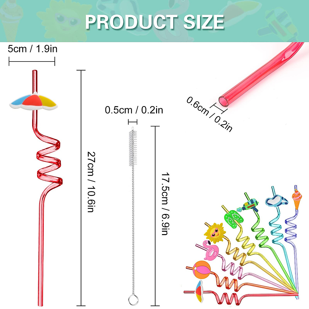 Beach drinking straws for pool parties, beach parties, beach ball summer parties, children's birthday decorations, 24crazy straws and 2 cleaning brushes