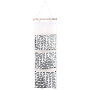 Estink 3Pcs Hanging Storage Bag, Fabric Wall Shelf Basket Storage Pouch, Cotton Linen Storage Bags Door Pouch with 3 Pockets, Organizer Bags for Bedroom Bathroom Kitchen(Gray)