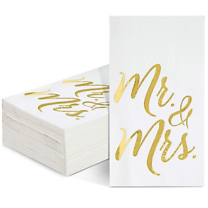 Juvale 50-Pack Mr and Mrs Napkins, Disposable Wedding Dinner Napkins for Reception, Rehearsal Dinner, Bridal Shower, Engagement Party (Gold Foil and White, 3-Ply, 4x8 in)