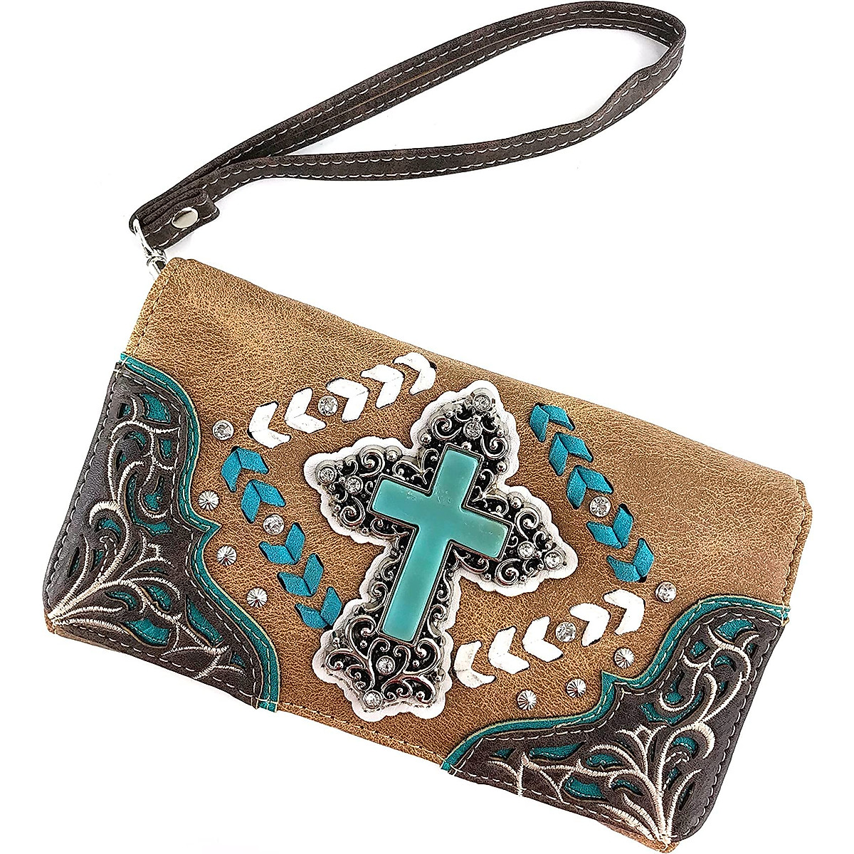 Justin West Rhinestone Cross Floral Embroidery Laser Cut Wristlet Trifold Wallet Attachable Long Strap (Tan)