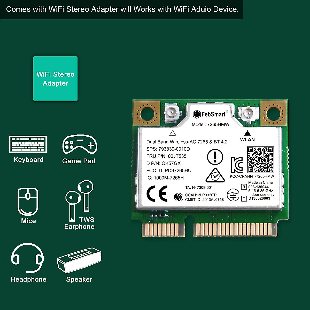 FebSmart Mini PCIE WiFi Adapter with WiFi Stereo Adapter, Wireless-AC 1200Mbps (2.4GHz 300Mbps or 5G 867Mbps), for Windows 7, 8.1, 10, 11(32/64bit) & Linux 4.2+, Wireless-AC 7265HMW