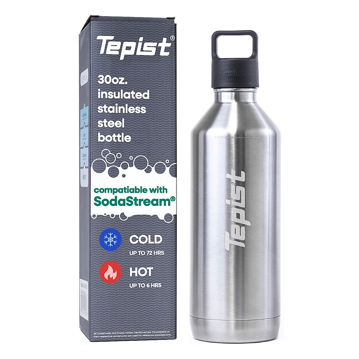 Tepist ThirtyO 30oz Stainless Steel Bottle Compatible with Sodastream Machines – Silver - Vacuum Sealed - Double Walled - Leak-Proof - Easy to Carry - Reusable Bottle