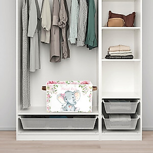 Pink Roses Elephant Personalized Storage Bins Basket Cubic Organizer with Durable Handle for Shelves Wardrobe Nursery Toy 1 Pack