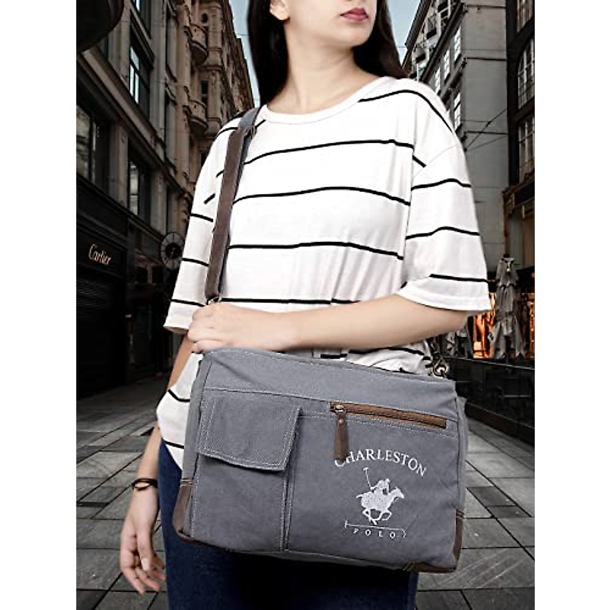 CLA Upcycle Canvas Shoulder Bag, Upcycle Canvas Crossbody Bag, Cowhide Leather Crossbody Bag, Canvas Tote Bag for Women