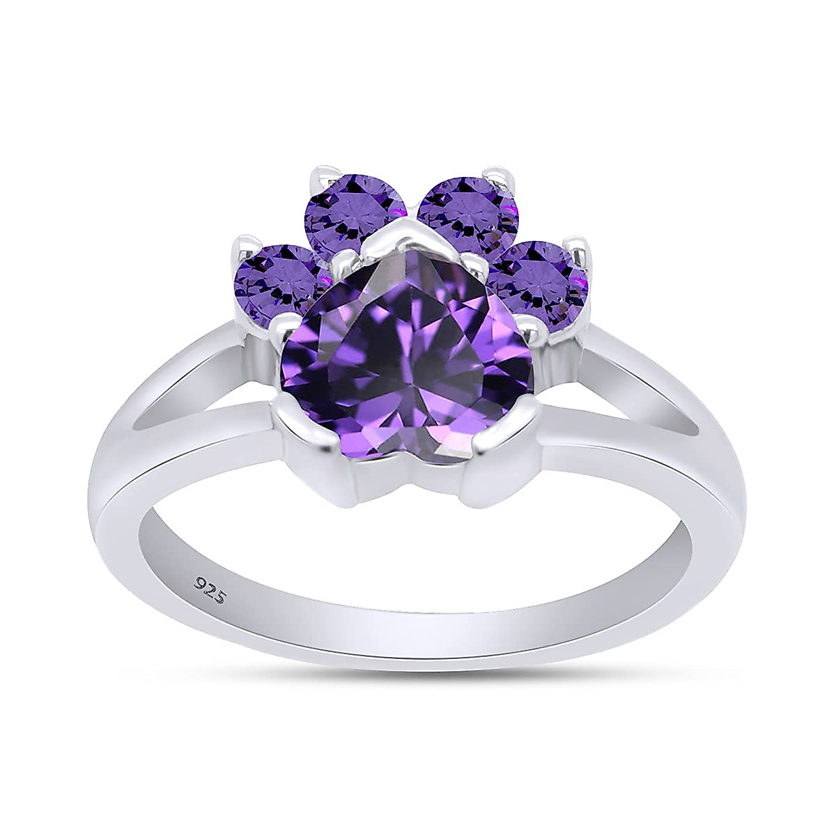 Wishrocks Heart & Round Cut Simulated Amethyst Paw Print Ring Jewelry For Women In 14k White Gold Over Sterling Silver Ring Size- 14