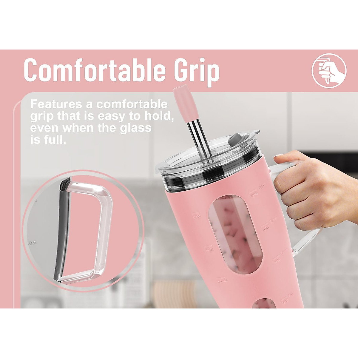 Zenbo 40oz Iced Coffee Cup with Handle, Glass Tumbler with Straw and Lid, BPA-Free Silicone Sleeve