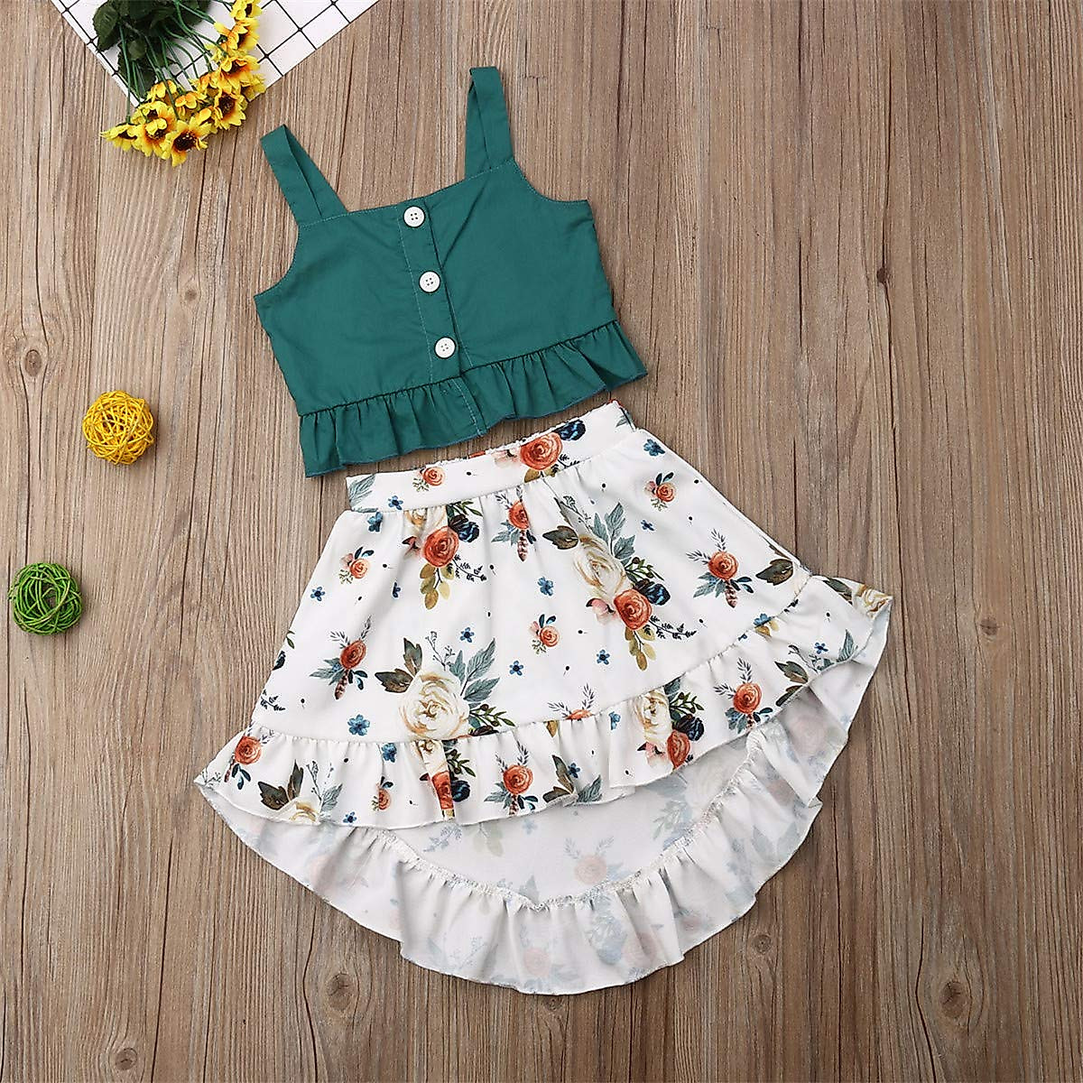 Toddler Baby Girls Ruffle Strap Top+Boho Floral Skirt Summer Outfit Clothes Two Piece Set (Green Crop Top+White Floral Skirt, 3-4T)
