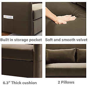 Lunanniu 57.1 Convertible Sleeper Sofa Bed, Loveseat Sleeper Couch Dutch Velvet Deep Seat with Pull-Out Bed, Small Love Seat with 3-Reclining-Position Backrest for Living Room Office Brown