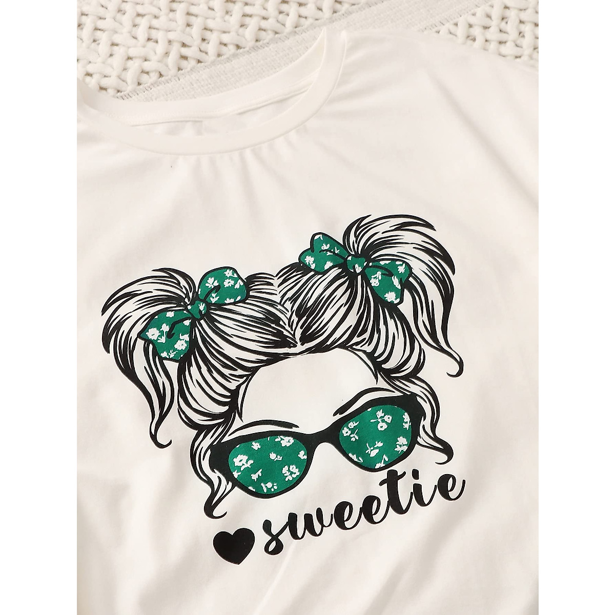 SOLY HUX Girl's Two Piece Outfits Summer Tops Short Sleeve T-Shirt Figure Graphic Tee and Pants Bell Bottom Flared Pants Set White and Green 11 Years