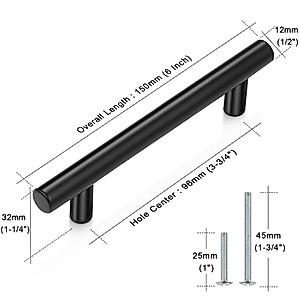 Probrico (10 Pack Flat Black Cabinet Handles, 3-3/4 Inch Hole Centers Modern Cabinet Hardware Cupboard Pull Kitchen Cabinet T Bar Handle Dresser Pulls, 6 Inch Total Length