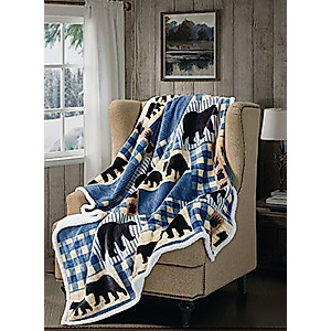 Virah Bella Cabin Flannel Sherpa Throw Blanket for Couch - 50" x 60" - Black Bear Plaid Flannel Blanket