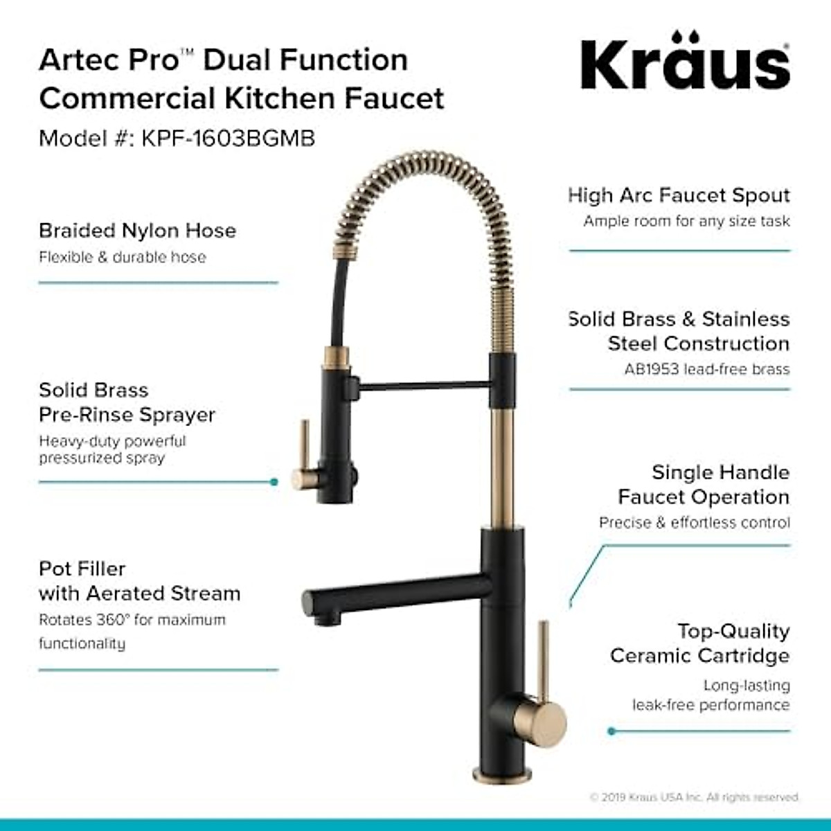 Kraus KPF-1603BGMB Artec Pro 2-Function Commercial Style Pre-Rinse Kitchen Faucet with Pull-Down Spring Spout and Pot Filler, Brushed Gold/Matte Black