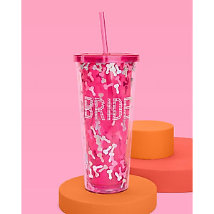xo, Fetti Pink Confetti Bride Rhinestone Plastic Tumbler - 24 oz | Bachelorette Party, Bride to Be Gift, Bridal Shower Supplies, Engagement
