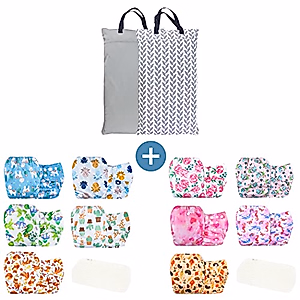 wegreeco Washable Reusable Baby Cloth Pocket Diapers Fresh Animal Bundle with Cloth Diapers Pink Girly and Wet Dry Bags