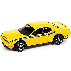 2010 Challenger R/T Detonator Yellow with Black Stripes and Collector Tin Limited Edition to 5036 Pieces Worldwide 1/64 Diecast Model Car by Johnny Lightning JLCT006-JLSP147A