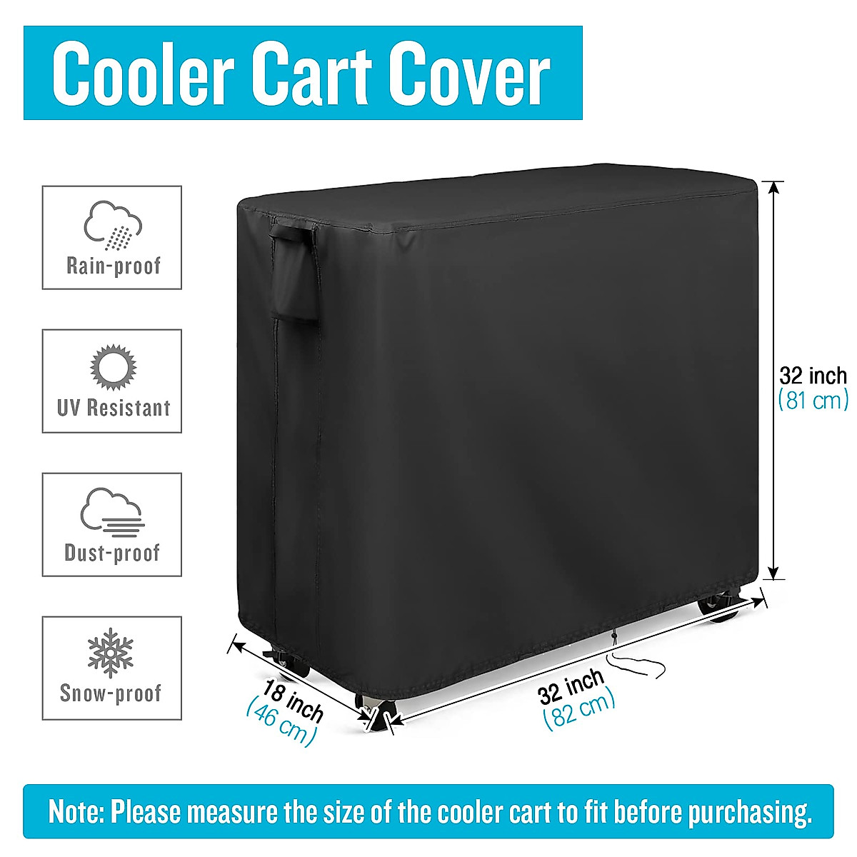 Kingling Cooler Cart Cover Fits 65-80 Quqrt Cooler Cart, Waterproof Patio Party Rolling Ice Chest with Wheels Outdoor Cooler Cart Cover Black - 32''L x18''W x32''H