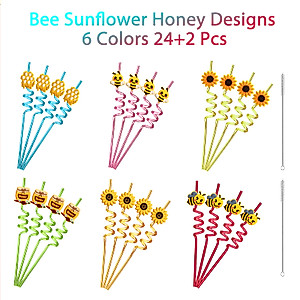 24 Bee Party Favors Bee Sunflower Honey Drinking Straws Goodie Gifts for Kids Birthday Party Supplies with 2 PCS Cleaning Brushes