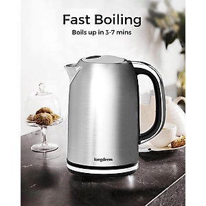 Longdeem Fast-Boil Electric Tea Kettle, 1.7L Stainless-Steel Water Heater, 1500W, Cordless Design with LED, Auto-Shutoff & Anti-Dry Protection, Silver
