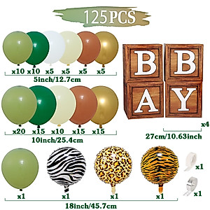Baby Boxes Safari Baby Shower Decorations for Boy Girl, Safari Balloons Arch Kit with Wood Grain Brown Blocks with BABY Letter for Dinosaur Wild One Birthday Decorations for Boys