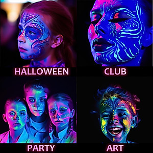 BADCOLOR Glow UV Face Paint, 15 Colors Neon Eyeshadow Palette, Water-Based UV Blacklight Face Body Paint for Kids - UV Eyeliner Makeup Palette for Halloween Glow Party Club Music Festivals