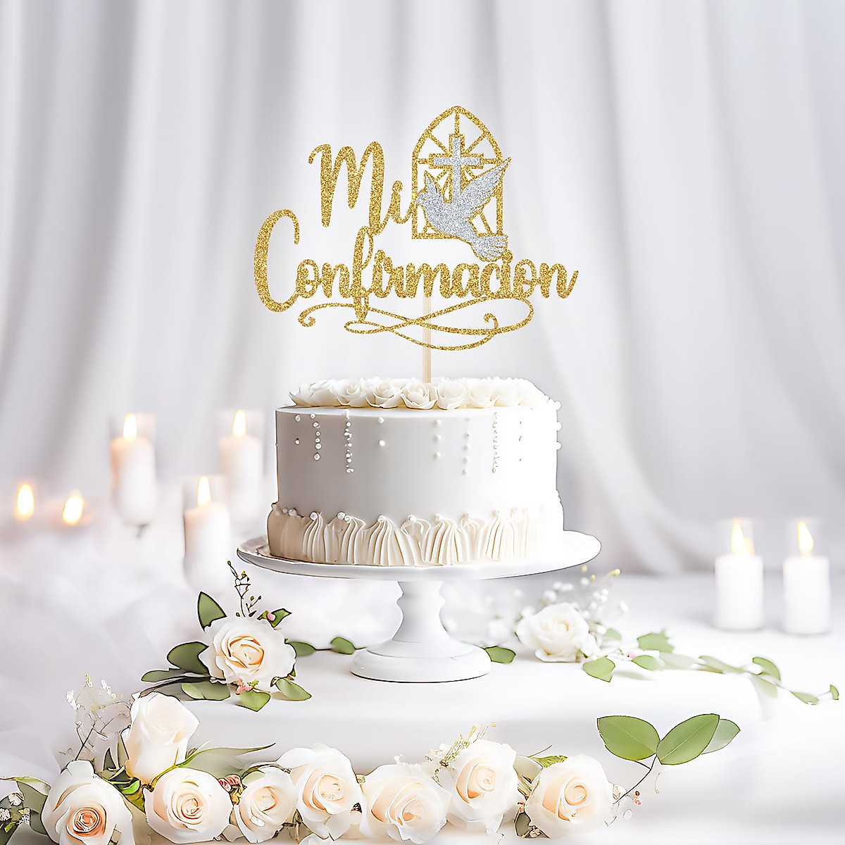 Mi Confirmacion Cake Topper, First Holy Communion, God Bless, Bridal Shower/Wedding/Baptism/Christening Baby Shower Party Decorations Gold Glitter