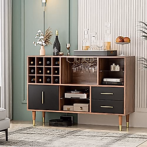 IKIFLY Accent Buffet Sideboard with Storage, Wood Cabinet Server Cupboard with 12 Wine Bottle Rack, Stemware Holder and Drawers, Console Table for Kitchen Living Room, 47 Inch - Walnut/Black