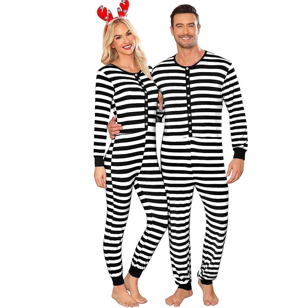 SWOMOG Womens Matching Family Onesie Pajamas Sets Christmas Couple One-Piece Romper Holiday Sleepwear Soft Stripe Clothing