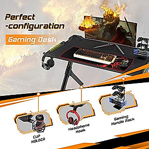 DESIGNA Gaming Desk with LED Lights, 44.8 inch Home Office Computer Desk with Free Mouse Pad, Ergonomic E-Sport Style Gamer Desk with USB Handle Rack, Cup Holder & Headphone Hook,Black