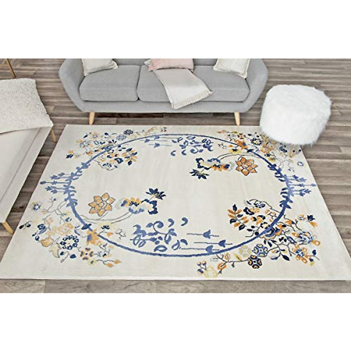 Rugs America Ivory Blue Floral Transitional Rug Gold Magnolia VA20D 2'0"X4'0" Area Rug