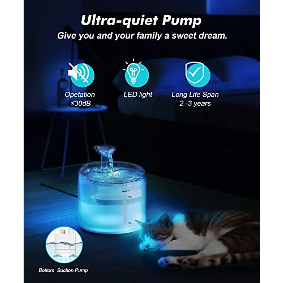 NPET WF100 Cat Water Fountain, 54oz/1.6L Automatic Pet Fountain Cat Water Dispenser with 2 Flow Modes, Light Quiet Pump for Cats (Adapter Not Included)