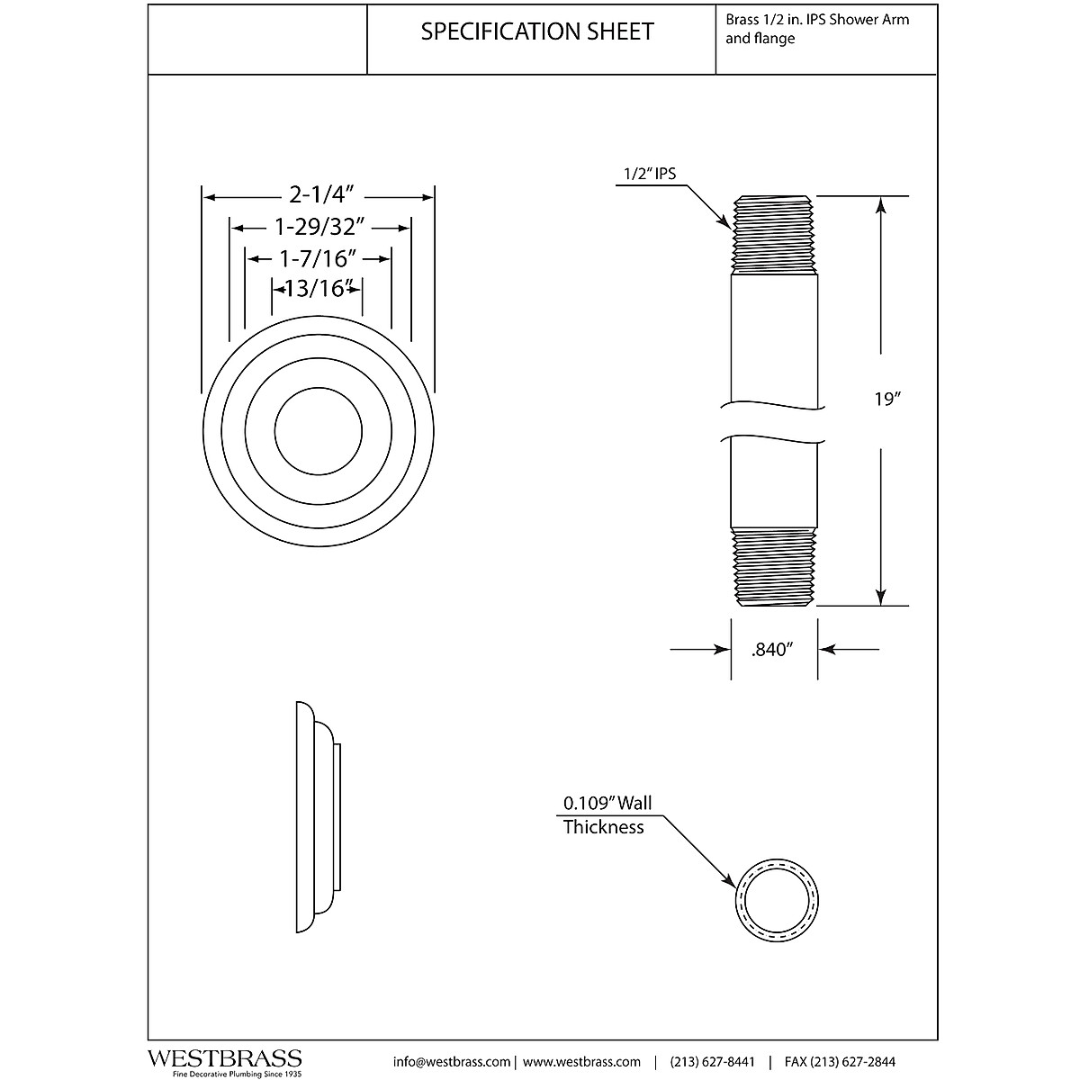 Westbrass A3619A-62 1/2" IPS x 19" Round Ceiling Mount Shower Arm with Flange, Matte Black