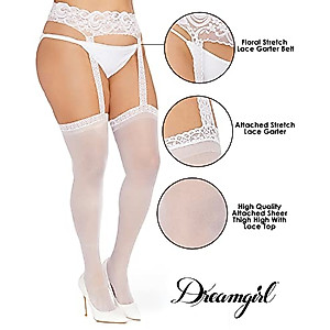 Dreamgirl Women's Sheer Thigh High Pantyhose Hosiery Nylons Stockings with Comfort Lace Top Anti-Slip Silicone Elastic Band, White, One Size Plus/Queen