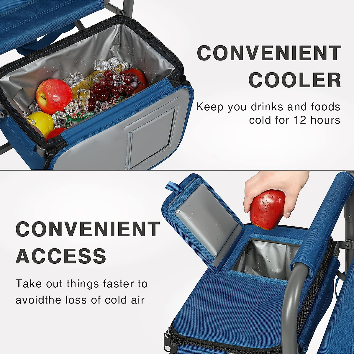 EVER ADVANCED Fishing Chair with Rod Holder and Cooler, All Terrain Ice Fishing Chair with Adjustable Feet, Mesh Back Folding Camping Chair with Shoulder Strap, Heavy Duty Supports 350LBS