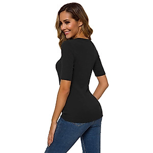 Womens Square U Neck Short Sleeve Basic Tee Tops Fitted Cotton T-Shirts for Summer Winter Layer (S, Black)