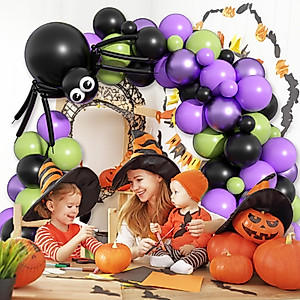 GRESAHOM Halloween Balloon Arch Garland Kit with DIY Big Spider Balloons, Purple Metallic Lime Green Black Balloons Garland with Eye Balloons for Kids Halloween Birthday Hocus Pocus Party Decorations