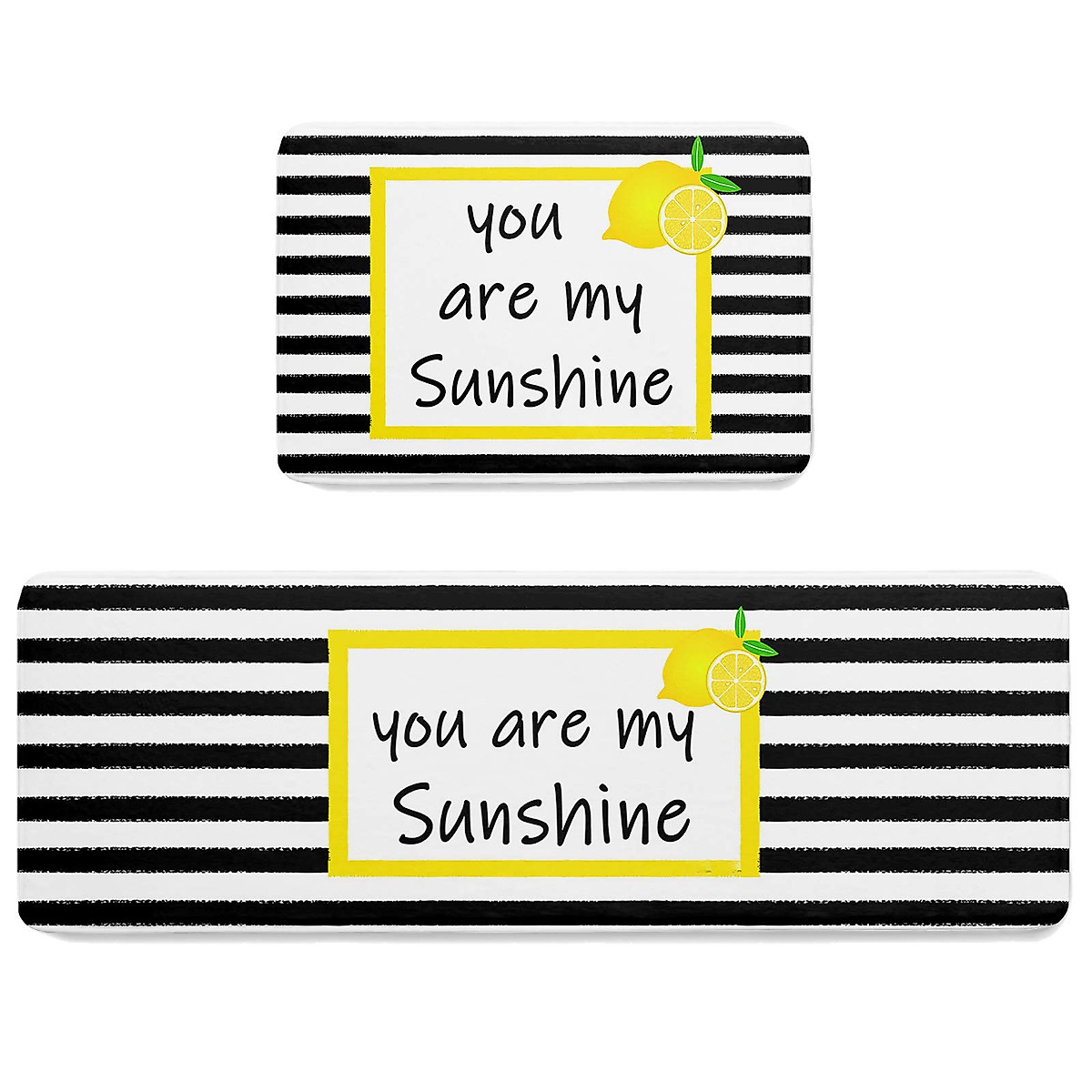 Lemon Kitchen Rugs Set 2 Piece 15.7x23.6in+15.7x47.2in, Non-Slip Kitchen Mats Set Rubber Backing Indoor Entry Door Mat Carpets - Summer Fresh Fruit Yellow Border Black and White Stripes