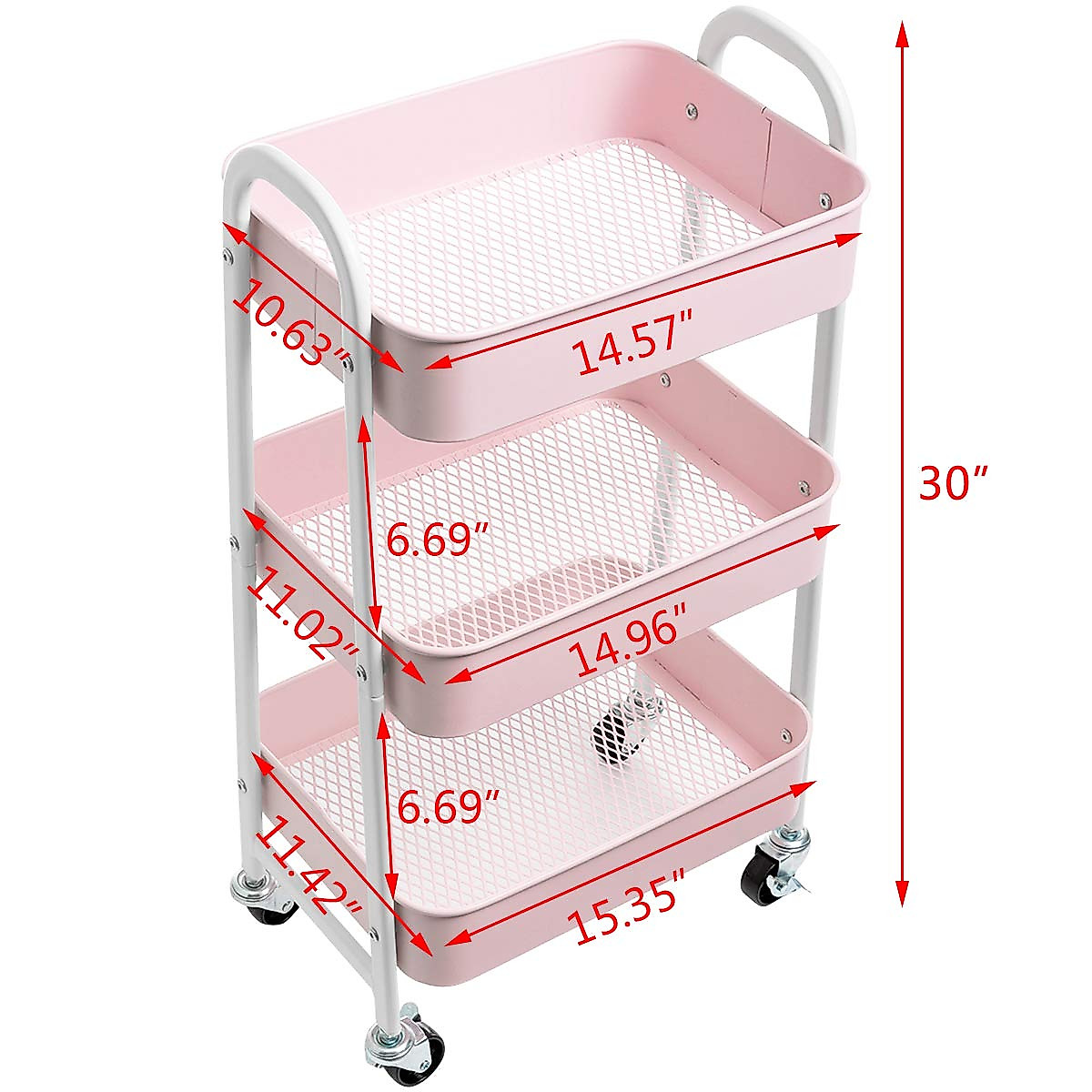 AGTEK Makeup Cart, Movable Rolling Organizer Cart, 3 Tier Metal Utility Cart, White - Pink