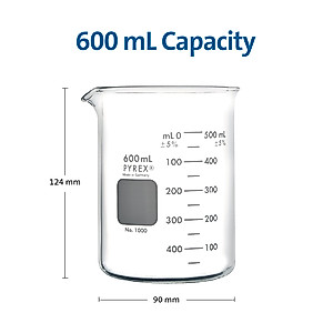 PYREX Griffin Borosilicate Glass Beaker- Low Form Graduated Measuring Beaker with Spout– Premium Scientific Glassware for Laboratories, Classrooms or Home Use - PYREX Chemistry Glassware, 600mL, 2/Pk