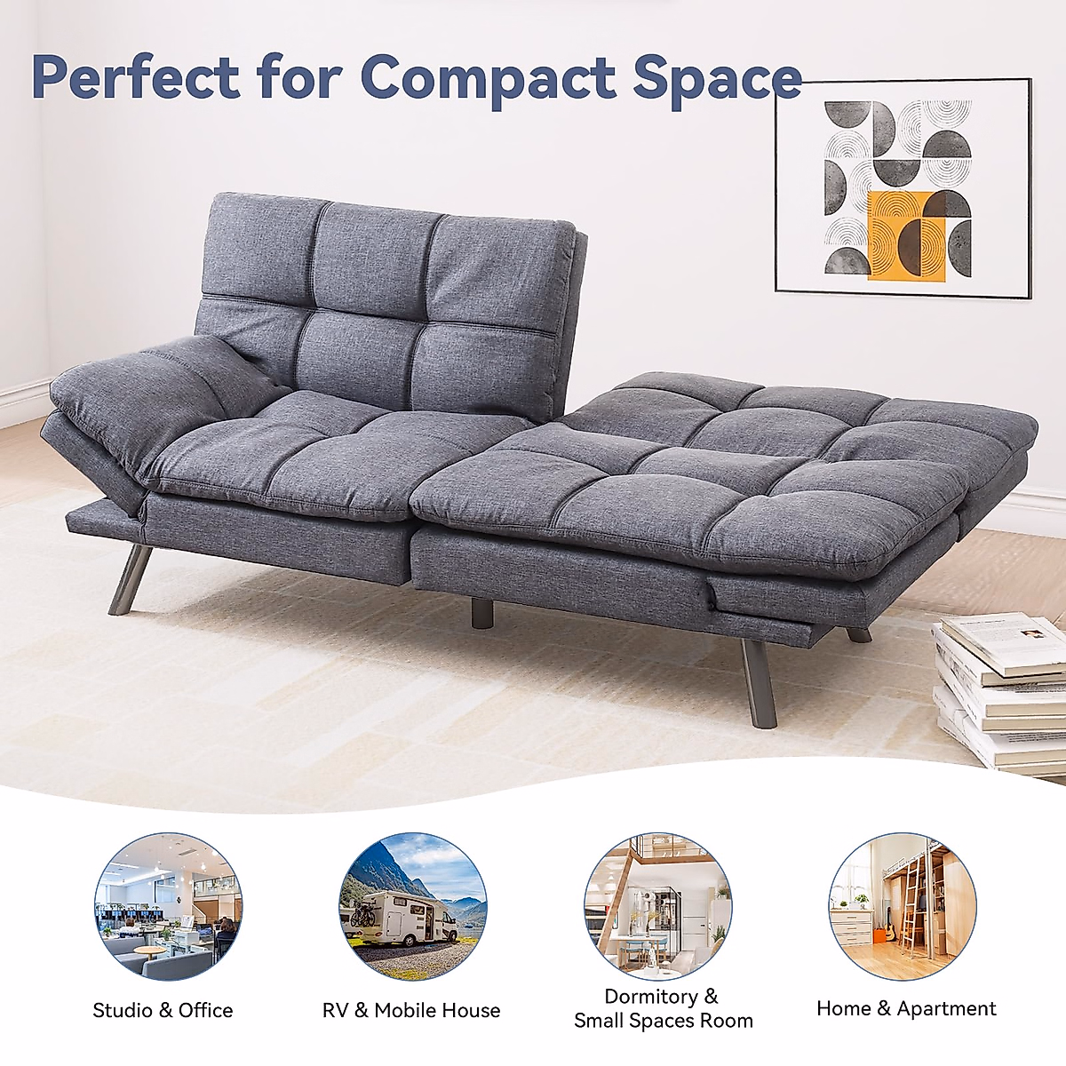 Hcore Convertible Splitback Futon Sofa Bed for Living Room, Office, Apartment - Memory Foam Sleeper Loveseat, Modern Small Couch in Grey