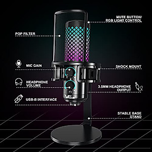 VeGue USB Gaming Microphone for PS5, All Metal PC Computer Condenser Mic with RGB Light, Mute Button, Pop Filter, Shock Mount, Gain Control for YouTube Recording Streaming Twitch Podcasts Videos