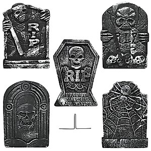 Halloween Foam RIP Graveyard Tombstones (5 Pack), Headstone Halloween Yard Decorations with 10 Metal Stakes, Foam Tombstone Halloween Decorations for Lawn Yard Garden Outdoor Indoor Decorations