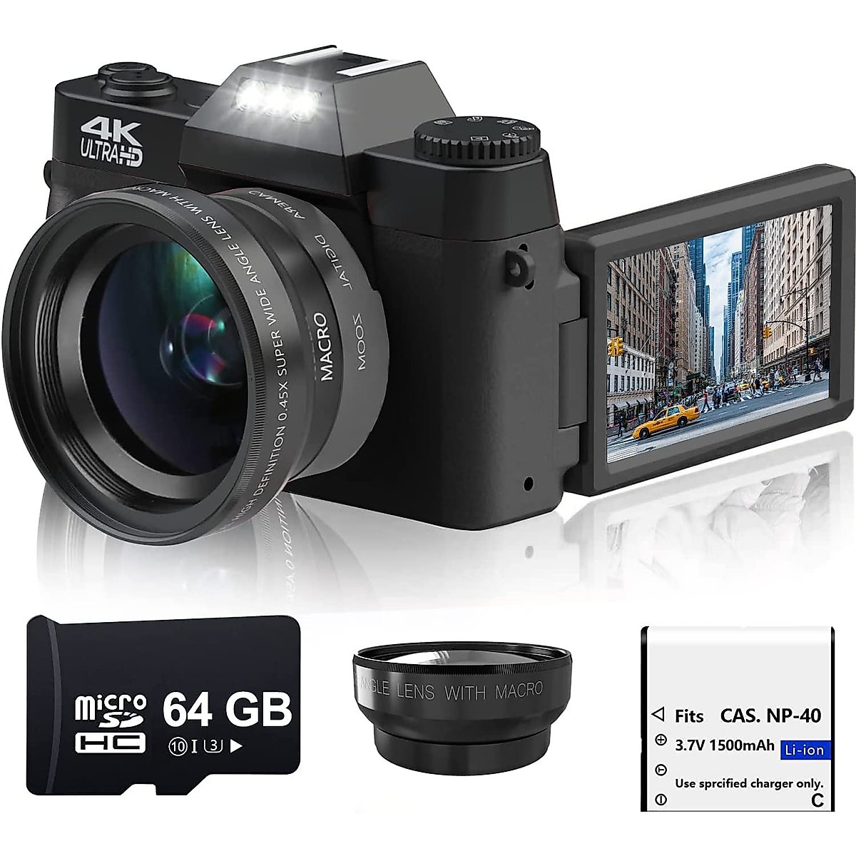eDealz 4K 48MP Digital Camera for Photography, Vlogging Camera for YouTube with 3.0’’ 180° Flip Screen, WiFi, 16X Digital Zoom, Wide Angle & Macro Lens Rechargeable Battery, 64GB Micro SD Card (Black)