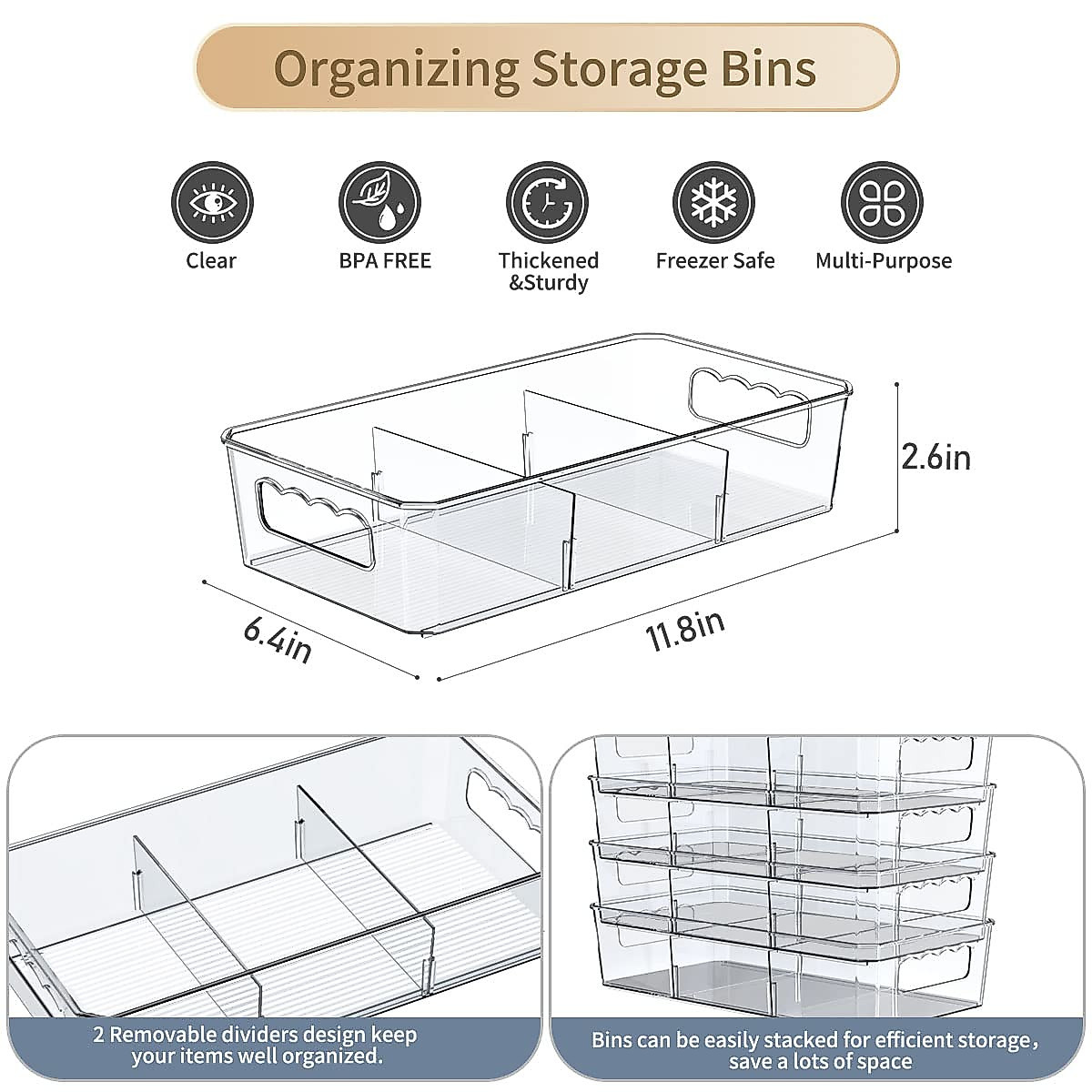 Clear Plastic Food Storage Organizer Bins,8 Pack Pantry Organizations and Storage Bins with Removable Dividers, Stackable Refrigerator Organizer Bins Fridge Organizers Kitchen Cabinet Organizers