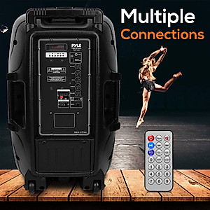 Pyle 1200W Portable Bluetooth PA Speaker - 12’’ Subwoofer, LED Battery Indicator Lights W/Built-In Rechargeable Battery, MP3/USB/SD Card Reader, and UHF Wireless Microphone - Pyle PSBT125A,Black