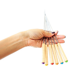 Homey Product - Set of 6 Fondue Forks - Rust Resistant Stainless Steel Skewer Sticks with Natural Bare Oak Wood Handles - 9.5" and Perfect for Melted Cheese, Meat, Fruit and More