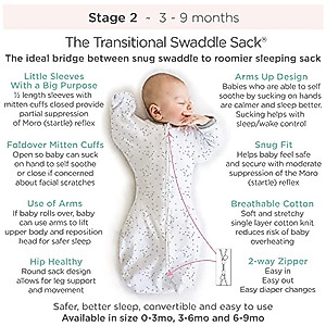 Amazing Baby Transitional Swaddle Sack with Arms Up Half-Length Sleeves and Mitten Cuffs, Tiny Elephants, Sterling, Medium, 3-6 months, 14-21 lbs (Better Sleep for Baby, Easy Swaddle Transition)