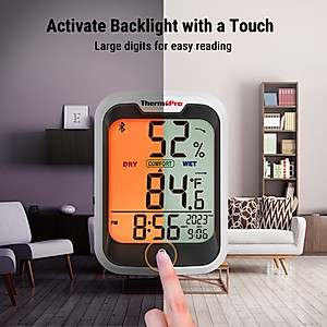ThermoPro TP358 Bluetooth Thermometer for Room Temperature with Built-in Clock, Smart Temperature Sensor and Humidity Meter with Backlit, 260Ft Hygrometer Indoor Thermometer with Data Storage Export